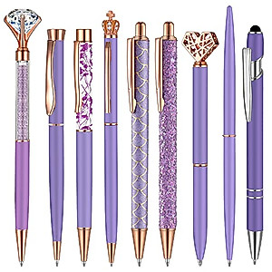 9 Pcs Ballpoint Pens Set Metal Crystal Diamond Pen Liquid Sand Glitter Pen for Journaling Black Ink Pretty Cute Pens Fancy Pens Gifts for Women Girls Back to School Office Desk (Purple)