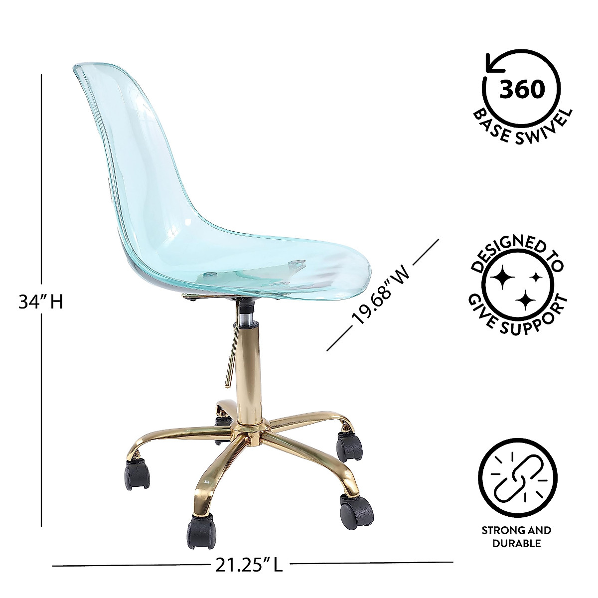 Urban Shop Acrylic Rolling Desk Chair, Mint 21.25D x 19.68W x 34H Inch