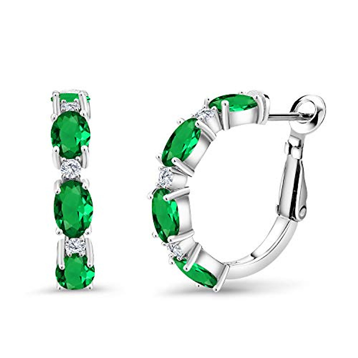 Gem Stone King 925 Sterling Silver Green Nano Emerald and White Lab Grown Diamond Hoop Earrings For Women (3.43 Cttw, Oval 6X4MM)
