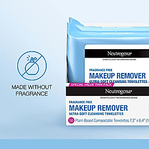 Neutrogena Fragrance-Free Makeup Remover Face Wipes, Daily Facial Cleansing Towelettes for Waterproof Makeup, Dirt & Oil, Gentle, Alcohol- & Fragrance Free, 100% Plant-Based Fibers, 25 ct