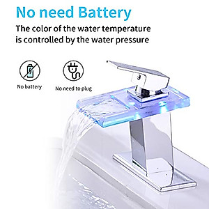 Qeemee LED Light Bathroom Sink Faucet, 3 Colors Changing Waterfall Glass Spout Faucet, Single Handle Single Hole Cold and Hot Water Mixer Vanity Sink Tap (Chrome)