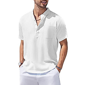 COOFANDY Mens Cotton Linen Henley Hippie Casual Beach T Shirt with Pocket, 01-White, X-Large, Short Sleeve