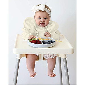 WILLOW + SIM Long Sleeve Baby Bib - Mess-Proof Feeding Bib for Babies 6-24 Months - Antique White