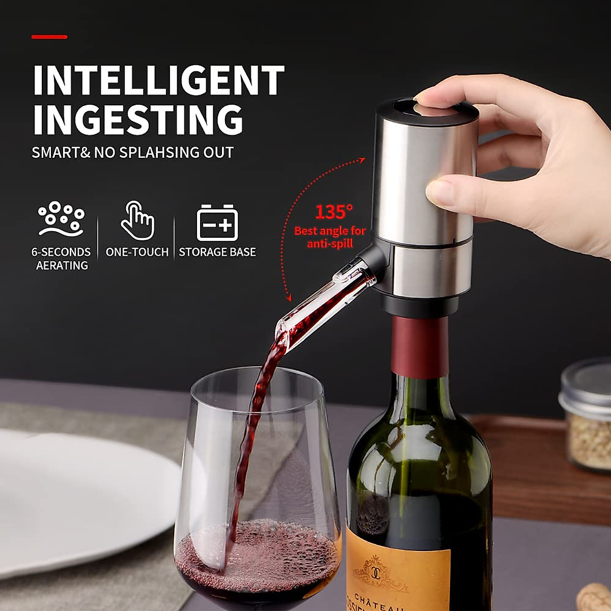 Wine Gifts-Wine Aerator Pourer-Rocyis Electric Wine Dispenser, One Touch Smart Wine Decanter w/Storage Base & Retractable Tube (Battery Operated)