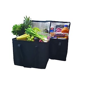 1 Click 2 Pack Insulated Reusable Grocery Bags, Extra Large, Foldable, Stands Upright, Sturdy Zipper, Washable, Reinforced Handles