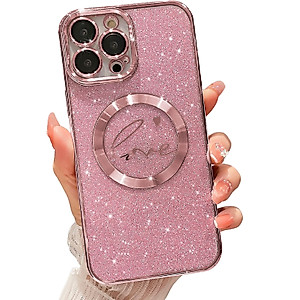MGQILING Compatible with iPhone 13 Pro Max Magnetic Glitter Case-6.7 Inch, Luxury Love Heart Pattern Plating Clear Case, Compatible with MagSafe for Women Girls Shockproof Back Cover-Pink
