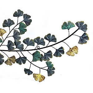 Bellaa 3D Metal Wall Decor Living Room Ginkgo Leaf Japanes Style Flower Golden Blue Teal Abstract Scroll Celtic Wrought Iron Plaque Hanging Boho Home Outdoor Garden Floral Accents Turquoise