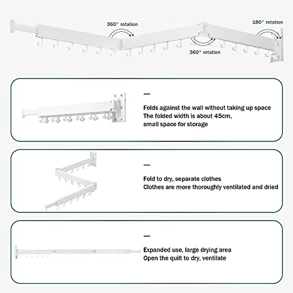 Clothes Drying Rack,Laundry Drying Rack,Laundry Room Organization,Clothes Rack Wall Mount,Wall Mounted Laundry Rack Folding,Retractable Clothing Rack,Collapsible Clothes Hanging Rack(Hooks,White)