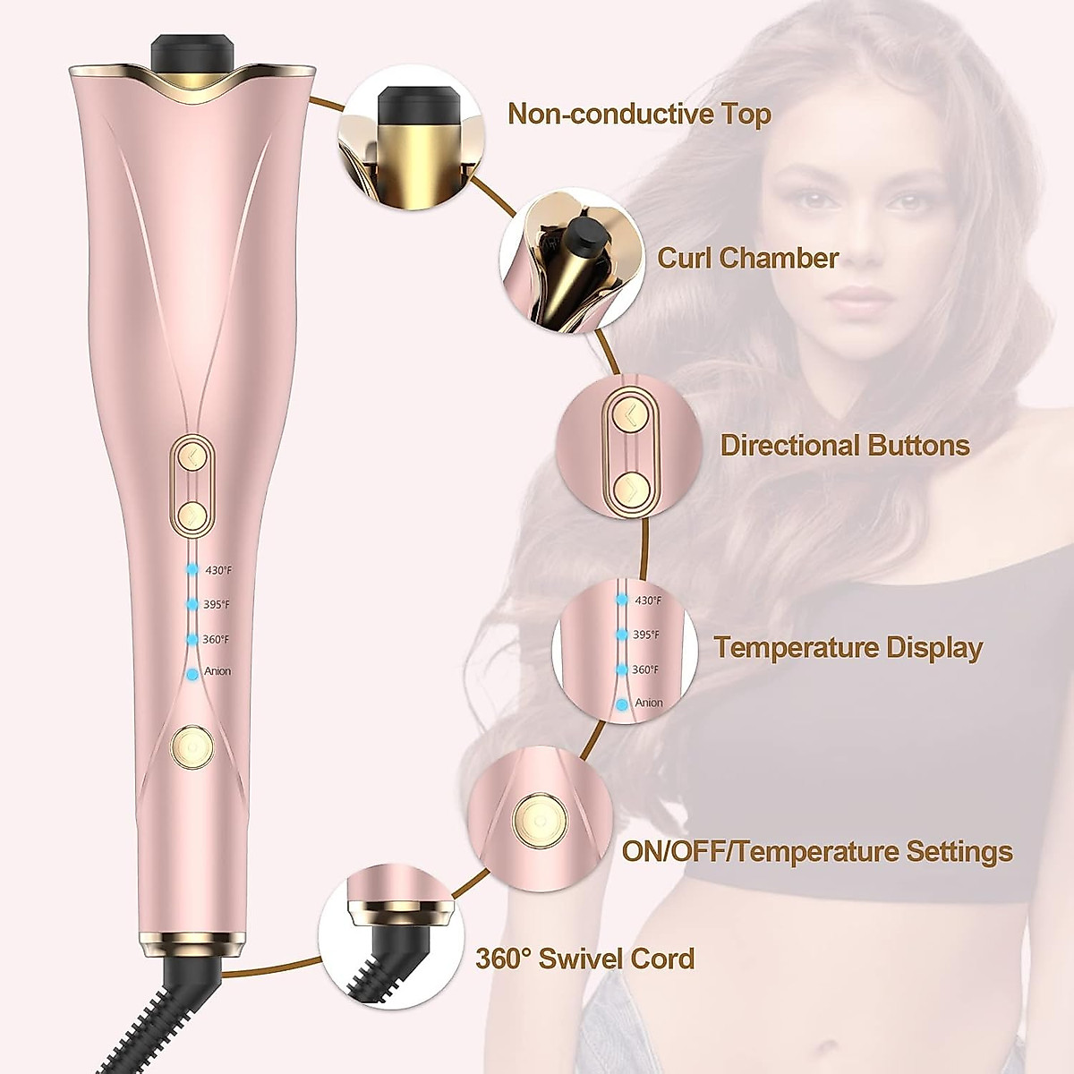 Auto Hair Curler, Automatic Curling Iron Wand with 4 Temperatures & 3 Timers & LCD Display, Curling Iron with 1" Large Rotating Barrel, Dual Voltage Auto Shut-Off Spin Iron for Hair Styling