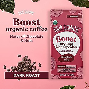 Four Sigmatic Boost Organic High Caffeine Coffee | Dark Roast Extra Strong Ground Coffee with L-Theanine & Cordyceps Mushroom Extract | Energy Booster Super Coffee without the Jitters | 12oz Bag