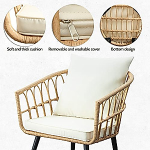 IJIALIFE 3 Pieces Patio Bistro Sets, Patio Conversation Chairs Outdoor Wicker Rattan Furniture Set with Soft Cushions Glass Side Table for Backyard Balcony Deck
