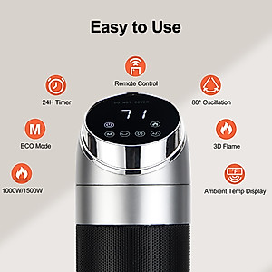 38" Space Heater for Large Room, 1500W Electric Fireplace Heaters Indoor Use with Thermostat, 500 sq ft Ceramic Heater for Bedroom, 80° Oscillating Tower Heater Fan with Remote & 24H Timer Silver