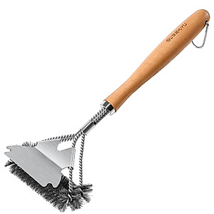 SUBEKYU Grill Brush for Outdoor Grill, 15.3'' BBQ Grill Scraper Cleaning Brush for Outdoor Grill, Safe Stainless Steel Grill Cleaner Scrubber with Scraper, Beech Wood Handle, 1Pack