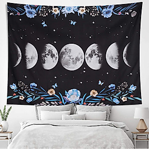 Pocass Moon Phase Tapestry with Floral Vine Butterfly Moonlit Garden Tapestry Black Background Flower Wall Hanging Tapestry for Home 59.1ʺ × 78.7ʺ