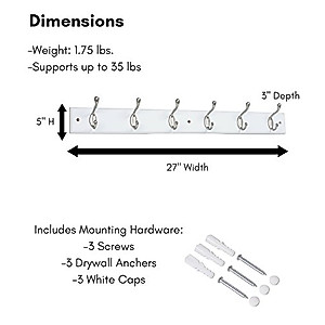 BIRDROCK HOME Hook Coat and Hat Rack - 2 Pack - 6 Hooks - 27 Inches - Wall Mount - Decorative Home Storage - Entryway Foyer Hallway Bathroom Bedroom Rail - Satin Nickel Hooks - White Pine Bathroom