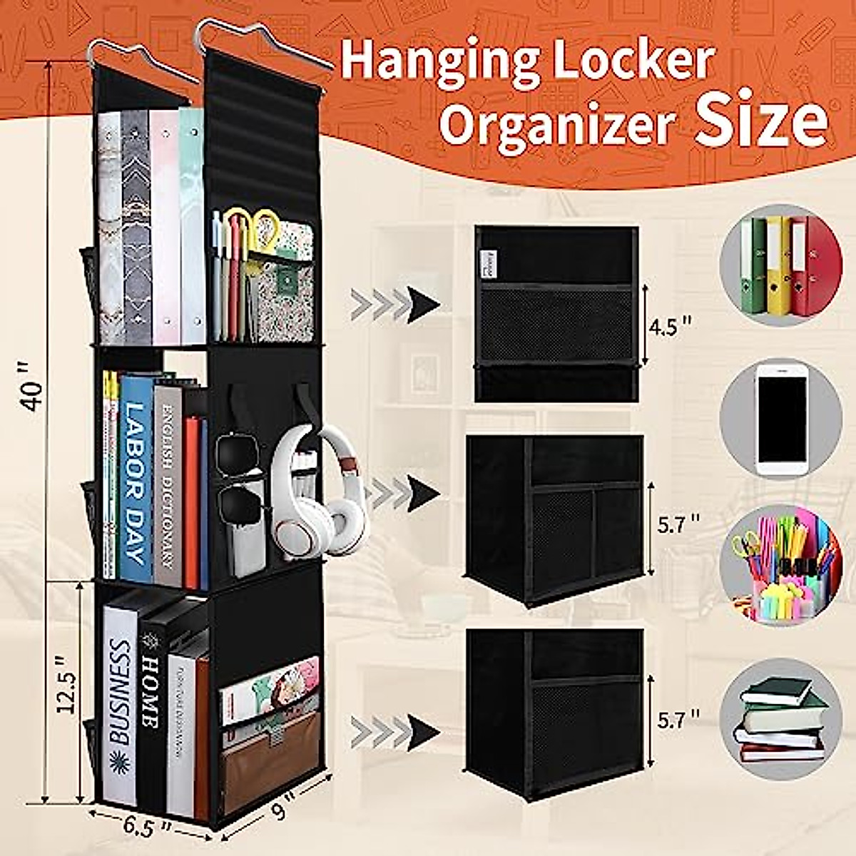 Annecy Locker Organizer for School, Work, Gym, and Closet, 3 Shelf Hanging Locker Accessories for Girls Boys, Adjustable School Locker Shelf from 3 to 2 Shelves, Black