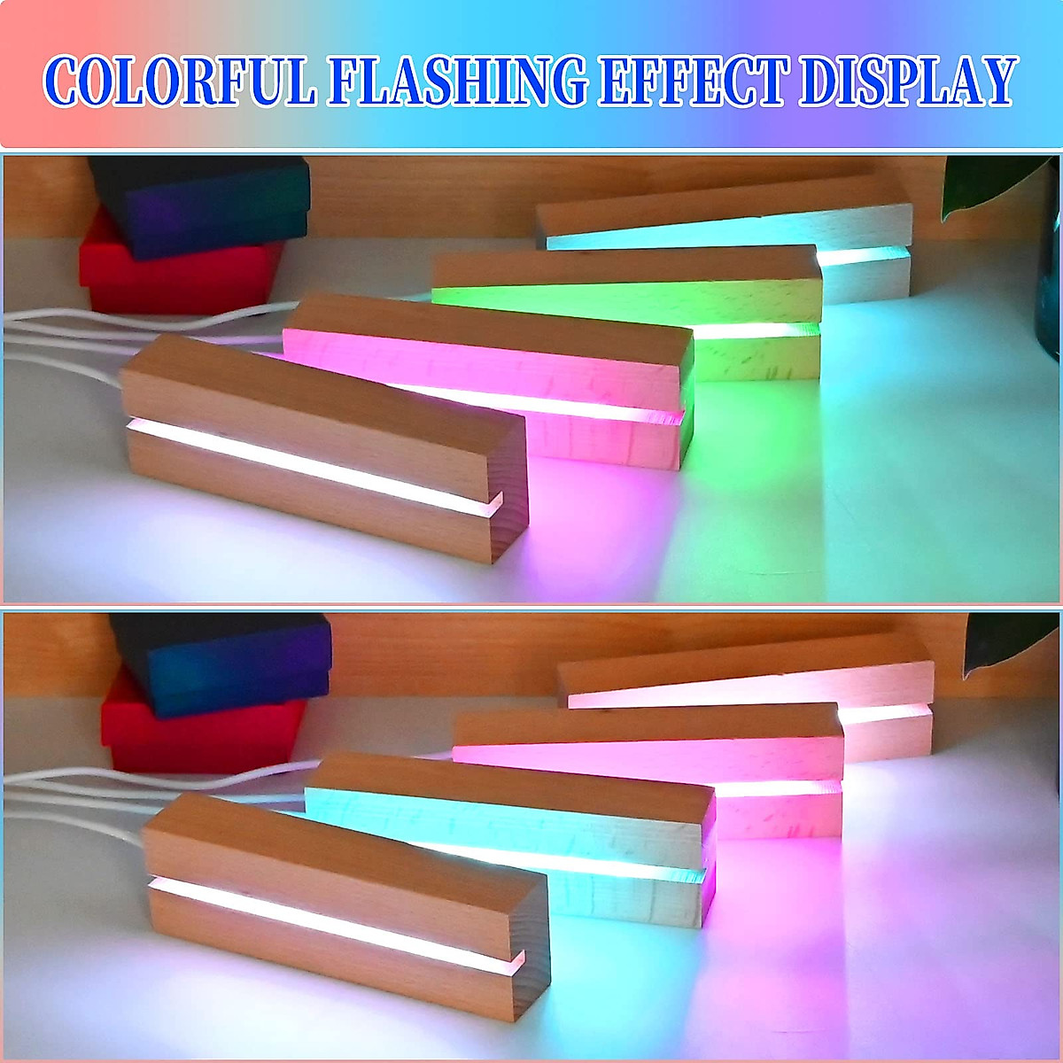 EATAKWARD 4 Pcs 5.9" Wood Rectangle Light Display Pedestal, Wooden LED Display Base Dimmable Colorful Lights Lamp Stand with USB Cable for Acrylic, Crystal, Night Light, Glass Resin Art