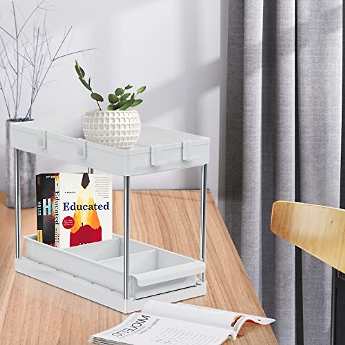 ECO-WILL 2 Pack Under Sink Organizers and Storage, Sliding Basket Organizer 2 Tier Bathroom Organizers with Hooks, Hollow-Carved, Divider, Multi-Purpose Cabinet Organizer for Kitchen, Bathroom, White