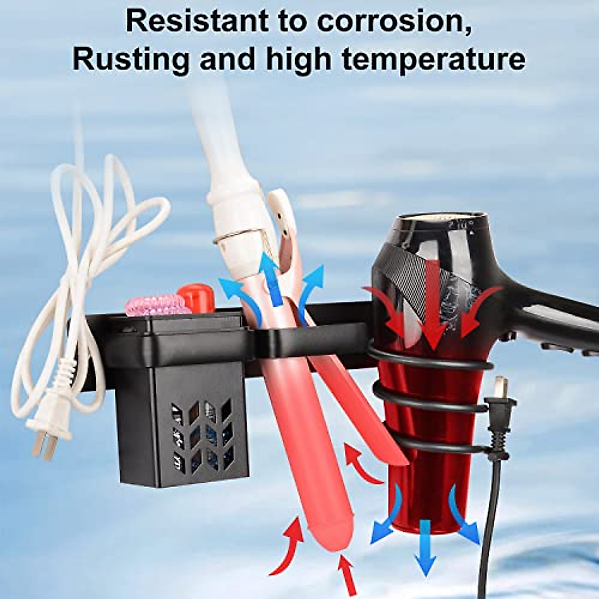 MORROWIND Hair Dryer Holder, Wall Mounted Hair Dryer and Straightener Holder Space-Saving Hair Care Tools Organizer Bathroom Hanging Shelf Hairdryer Storage Holder with Plug Hook, Black