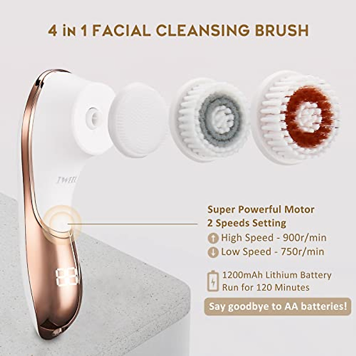 Facial Cleansing Brush, Electric Face Brush Scrubber Rechargeable Facial Exfoliator IPX-7 Waterproof Spin Cleanser Rotating Spa Machine for Exfoliating, Massaging and Deep Cleansing with 4 Brush Heads