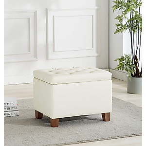 Wovenbyrd Classic 24-Inch Wide Rectangular Tufted Storage Ottoman Footstool with Hinged Lid, Cream Faux Leather