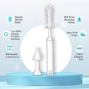 Electric Baby Bottle Brush, Rechargeable Cleaning Brush with Waterproof and Wall-Mounted Design, Silicone Bottle/Pacifier/Straw Brush, 360° Rotating Cleaning, for New Mom (White)