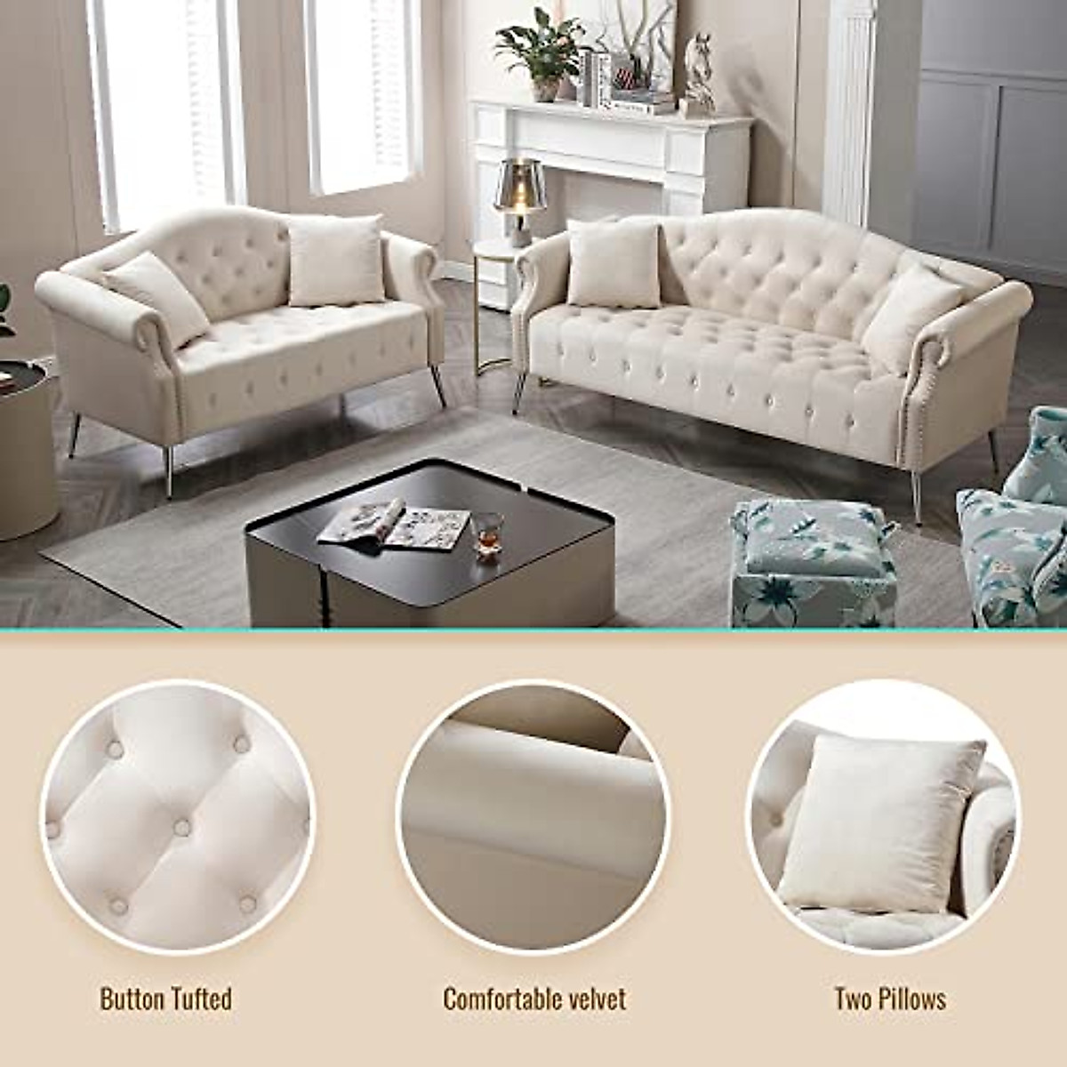 Homtique Sofa Set for Living Room 2 Piece, Modern Velvet Loveseat Sofa Set Upholstered Button Tufted Nailhead Trimming Rolled Arm and Metal Legs, Velvet Sofa Couch with 4 Pillows(Beige)