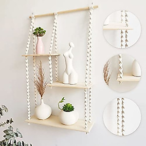 Macrame Wall Hanging Shelf with Three Wooden Shelves Boho Hanging Plant Shelf Boho Wall Decor Hand Woven Natural Rope Floating Shelf for Window Bedroom Bathroom Decorations (Style B)