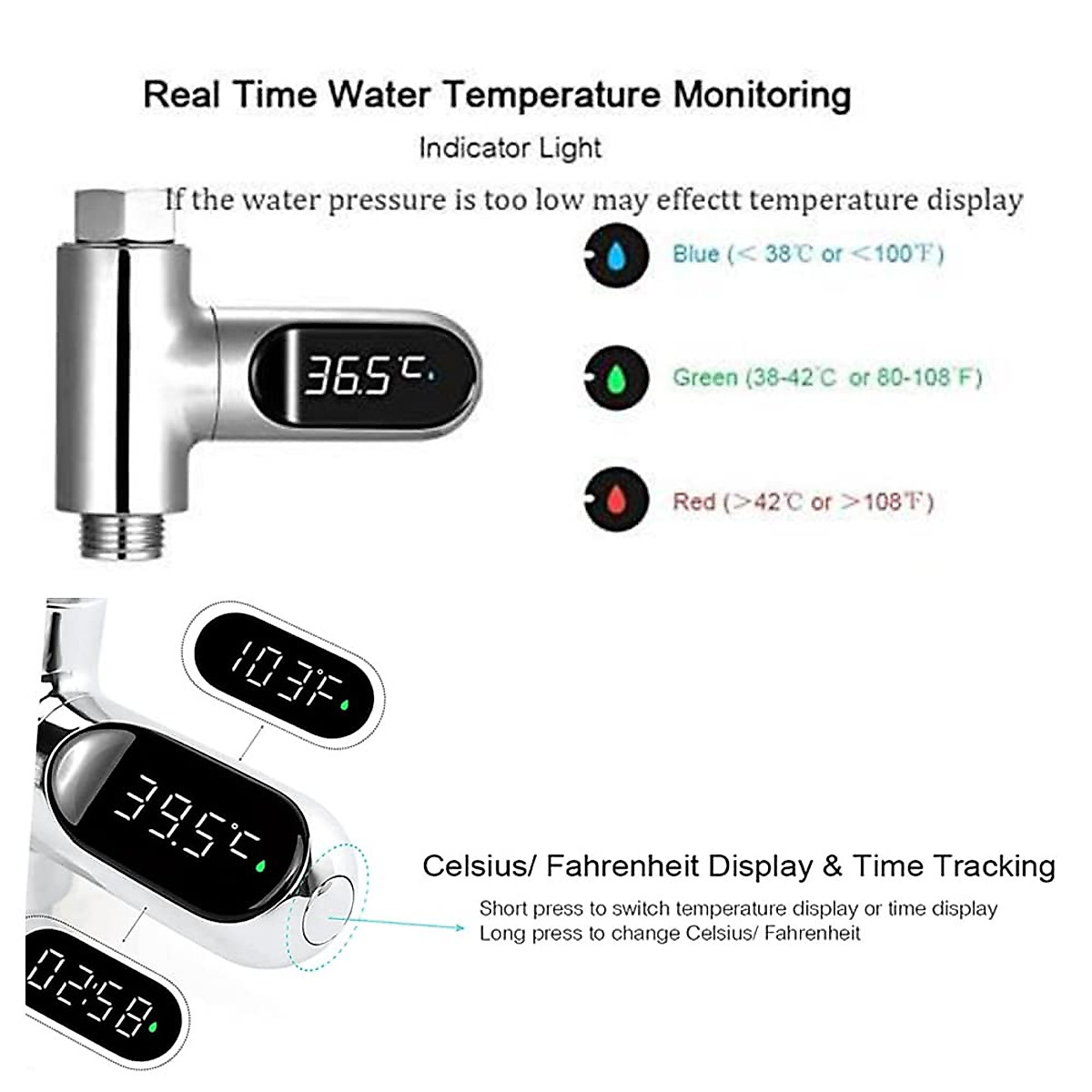 Shower Water Thermometer, LED Digital Display 0~100℃ Baby Bath Water Thermometer Celsius/Fahrenheit Display rotatable Screen for Home Kitchen Bathroom (Silver)