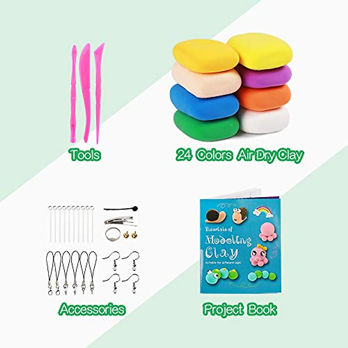 Vankerter 24 Colors Air Dry Clay for Kids Non-Toxic Soft & Ultra Light Magic Modeling Clay Kit with Project Book, Accessories and Sculpting Tools, Perfect Creative Gift for Boys & Girls