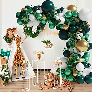 HOLICOLOR 143pcs Jungle Safari Balloons Garland Kit, Metallic Green Gold Balloon Arch Kit Double-layers Emerald Balloons with Palm Leaves, Dinosaur Party Decoration, Baby Shower Kids Birthday Party