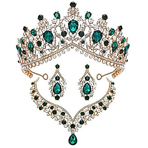 SWEETV Baroque Wedding Crown for Bride, 3-pack Tiara Earrings Necklace, Bridal Jewelry Set, Gold Green Crystal Costume Party Birthday Prom Pageant Jewelry for Women, Genesis