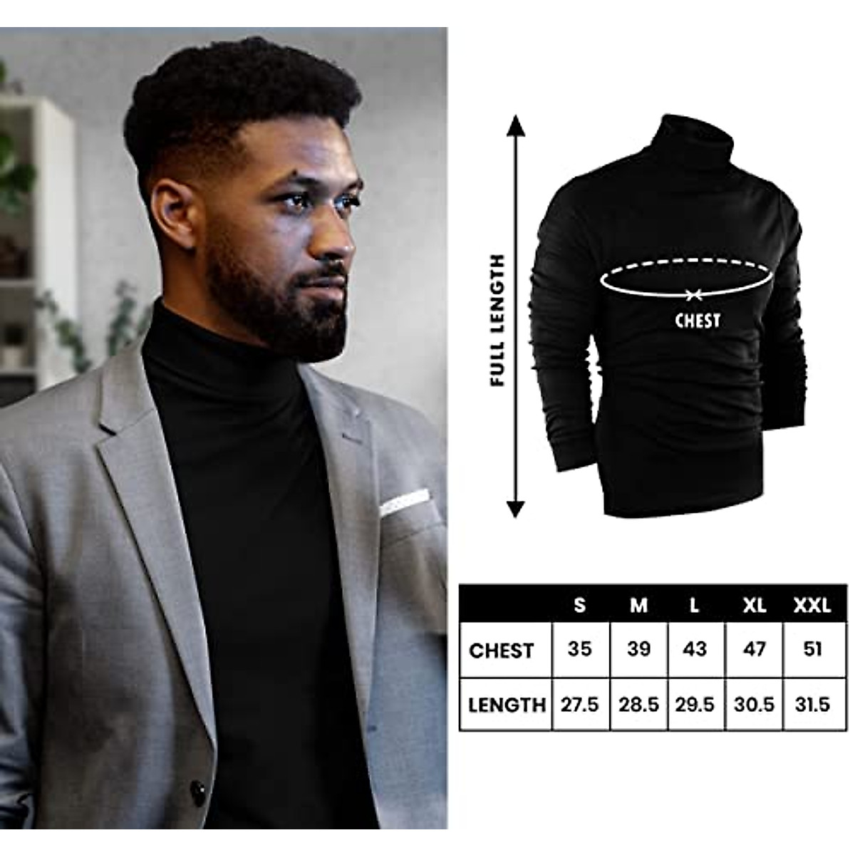 Utopia Wear Premium Mens Shirt, Cotton Blend Knitted Turtleneck Men T-Shirt Pullover Sweater, Black, XX-Large