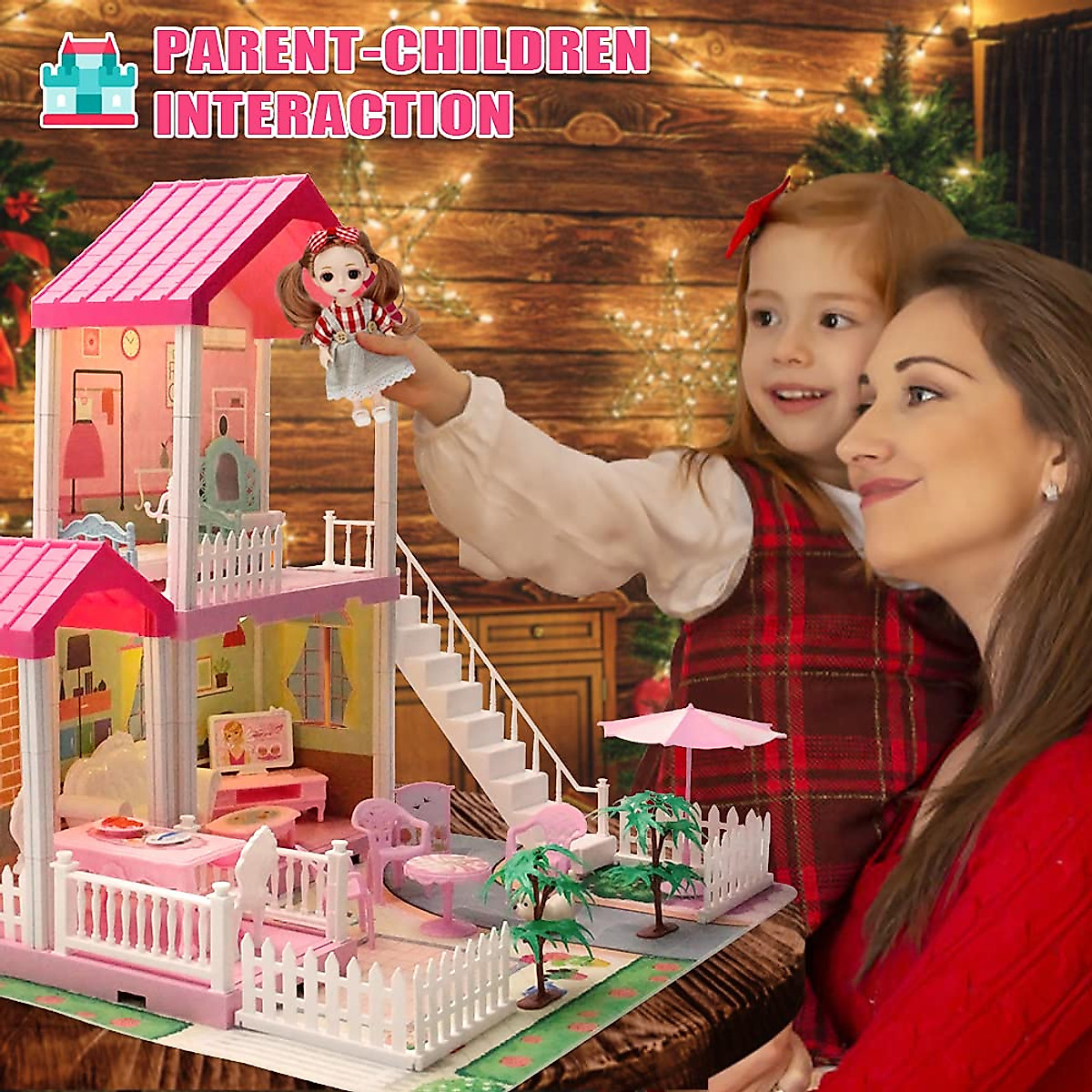 Mini Tudou Dollhouse for Girls, Doll House with Lights, Play Mat and Dolls, DIY Building Pretend Play House with Accessories Furniture and Household Items,Playhouse for Girls 3-12 (3 Rooms)