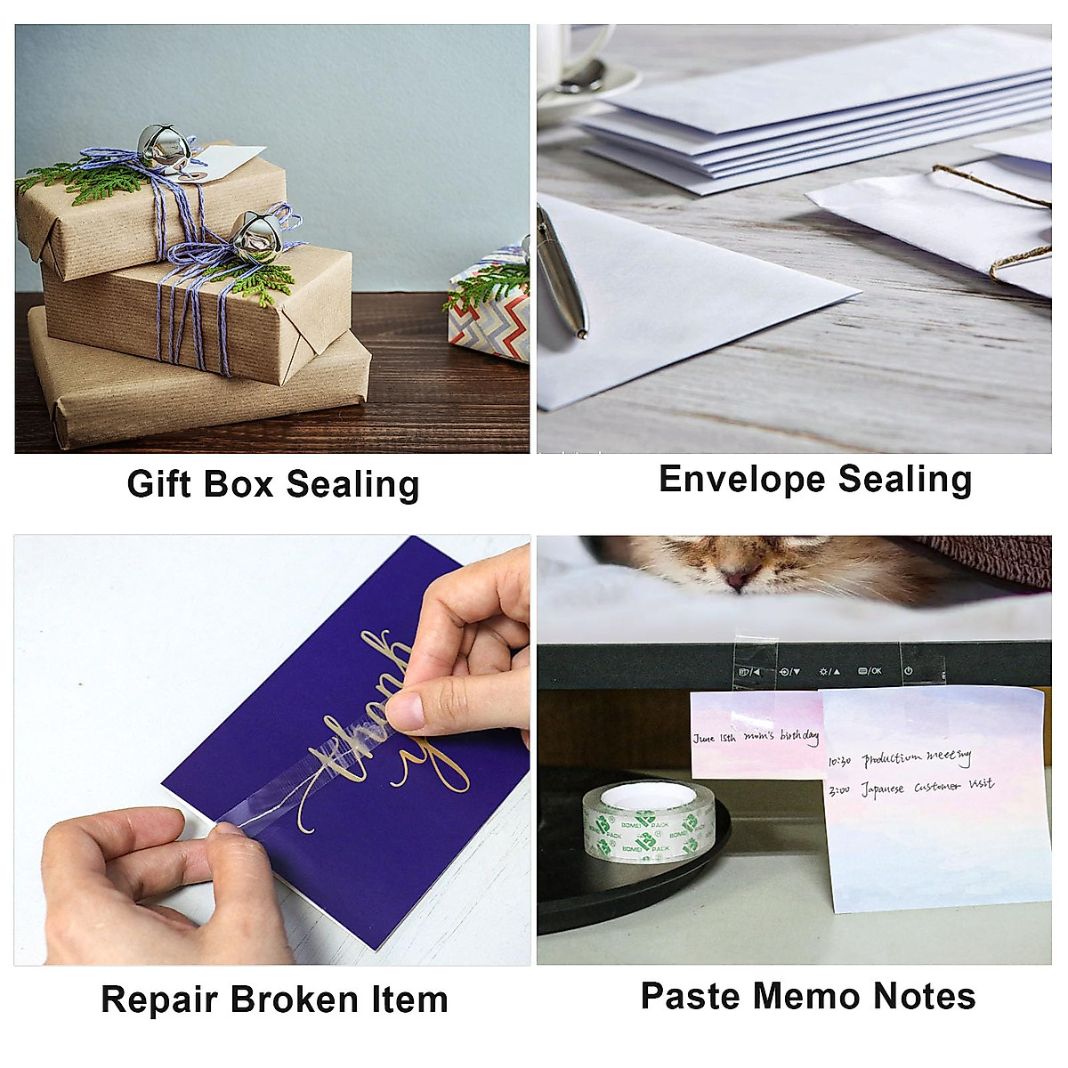 BOMEI PACK 48 Rolls Crystal Clear Transparent Tape, Stationery Tape Refills Rolls for Dispenser, 3/4 in x 1000 in,1 inch Core, Gift Wrapping Tape for Office, School and Home