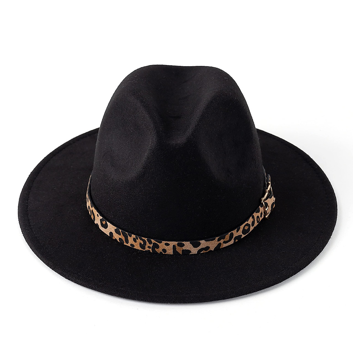HUDANHUWEI Women's Wide Brim Felt Fedora Panama Hat with Leopard Belt Buckle Black
