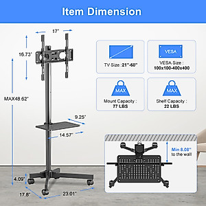 suptek Mobile TV Cart for 21-60 Inch LCD LED Flat/Curved Panel Screen TVs Max VESA 400x400 with Laptop Shelf Holds up to 77lbs, ML55B