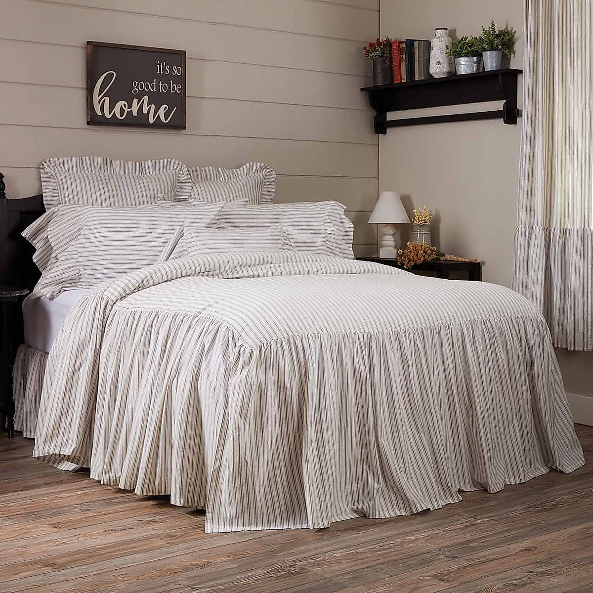 Timeless Ticking Ruffled Twin Size Bedspread, High Skirt on 3 Sides, Soft White and Gray Ticking Stripes, Vintage Farmhouse Bedding …