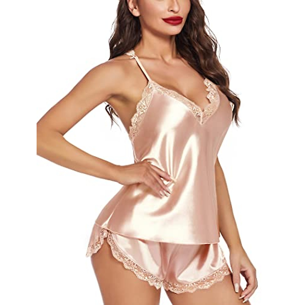 Avidlove Women's Sexy Silk Satin Pajamas Sets Lace Trim Cami Tops Shorts Sleepwear Champagne Medium