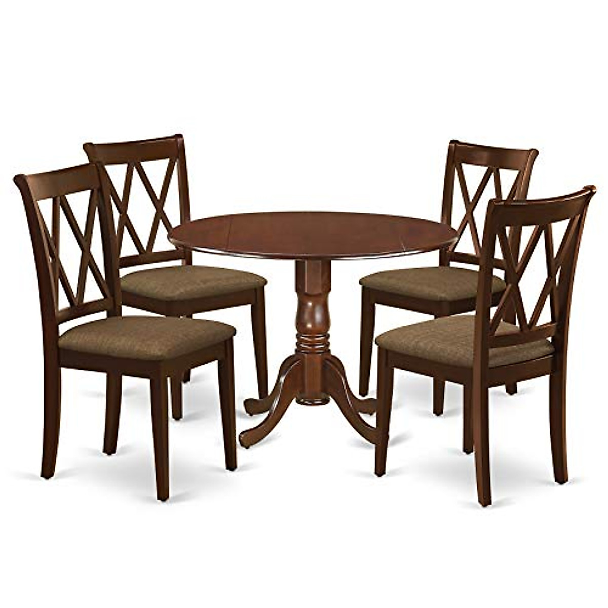 East West Furniture DLCL5-MAH-C 5-Pc Set Mahogany Finish-Two 9-inch Drops Leave and Pedestal Legs Modern Dining Table & 4 Double X-Back Wooden Chairs