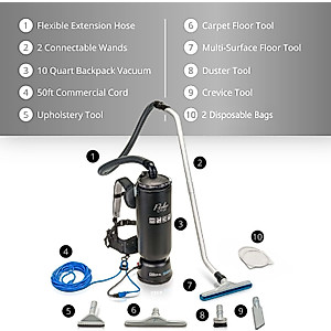 Prolux 10 Quart Commercial Backpack Vacuum with Premium 1.5-Inch Attachments, HEPA Air Filtration, Deep Cleaning for All Floor Surfaces