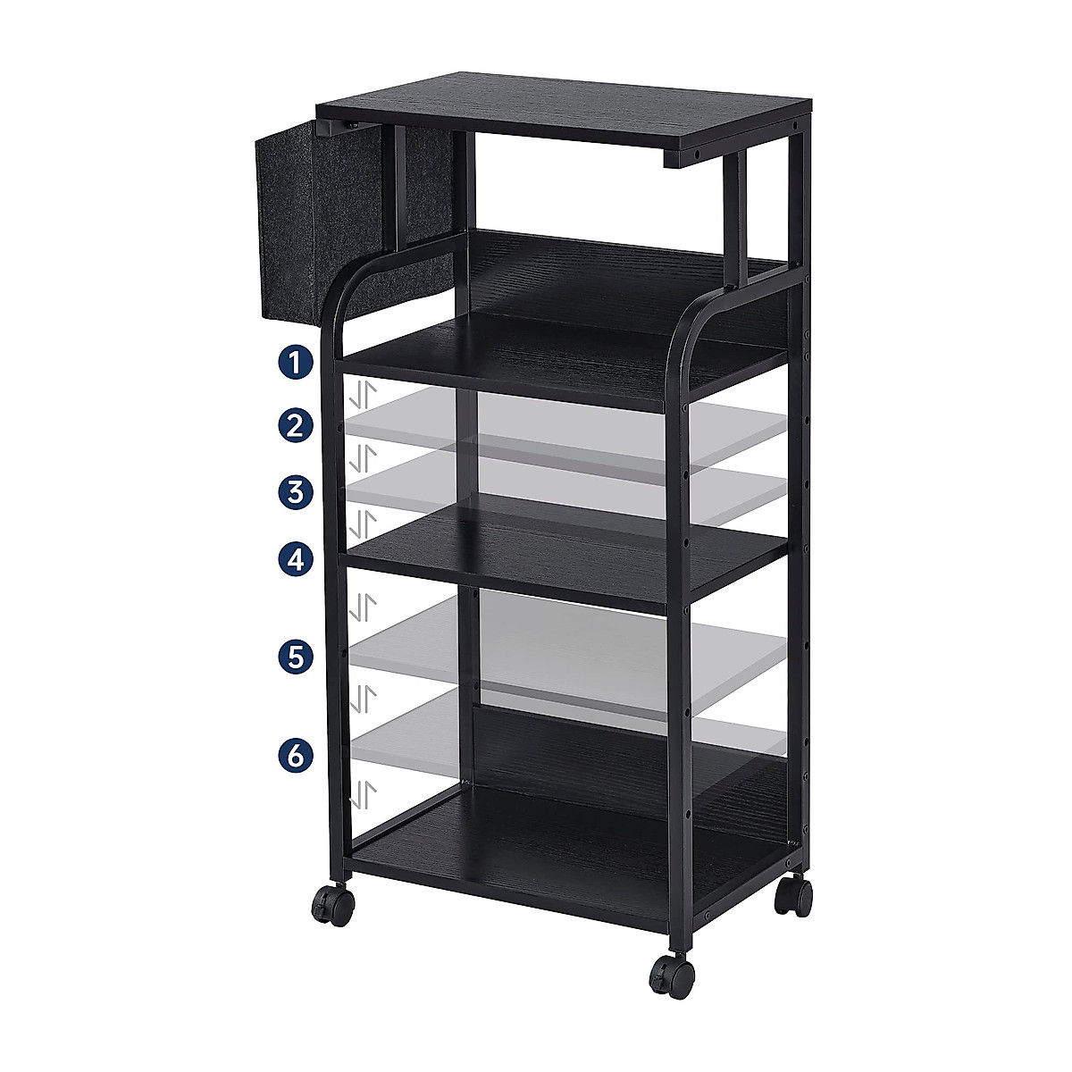 Fannova 4 Tier Small Printer Stand with Adjustable Shelf and Storage Pouch, Rolling Printer Cart with Wheels for Home Office Organization, Table Stand for Shredder CPU Computer Tower, Black