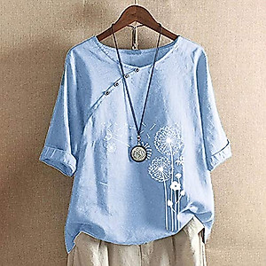 DASAYO Women Cotton Linen Crew Neck Shirt Tops Dandelion Print Half Sleeve Tee Top Shirts Trendy Vintage Comfy Blouse Shirt
