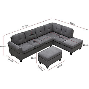 EMKK 105" L-Shape Sofa Couch with Chaise Lounge,Modern Linen Fabric Upholstery Sectional Sofá with Storage Ottoman 2 Pillows for Living Room Furniture Set, Apartment and Large Space, Black PU