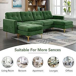 EOVTK Convertible Sectional Sofa with Movable Ottoman, 110" L-Shape Velvet Couch with Golden Metal Legs & Side Storage Pockets for Living Room, Apartment, Office, Green