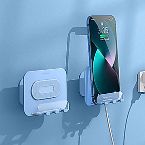 Wall Phone Holder, xuenair Adhesive Wall Mount Phone Holder, Adjustable Angle Cell Phone Wall Mount Holder with Hooks for Bathroom Bedroom Kitchen Or Dorm(Blue)