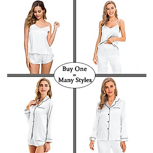 SWOMOG Women Satin Pajamas 4pcs Pajama Set Sexy Cami Shorts Set and Button Down Long Sleeve Pjs Loungewear Sleepwear White,Large