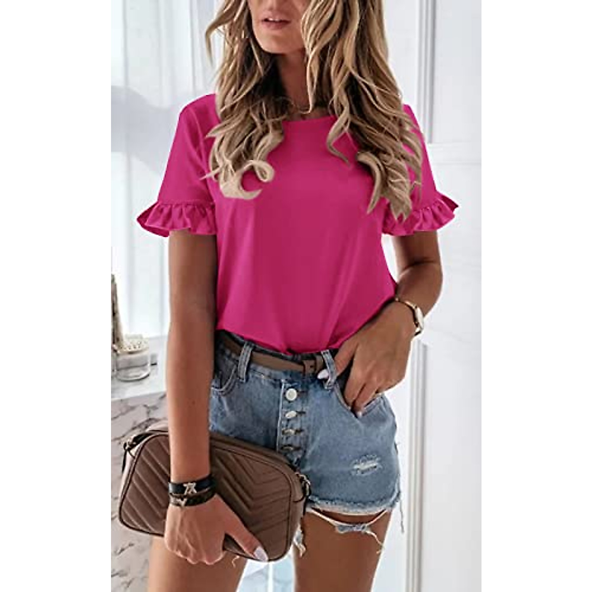 PRETTYGARDEN Women's Short Sleeve Casual T Shirts Summer Ruffle Plain Round Neck Loose Fit Tee Blouse Tops Rose Red