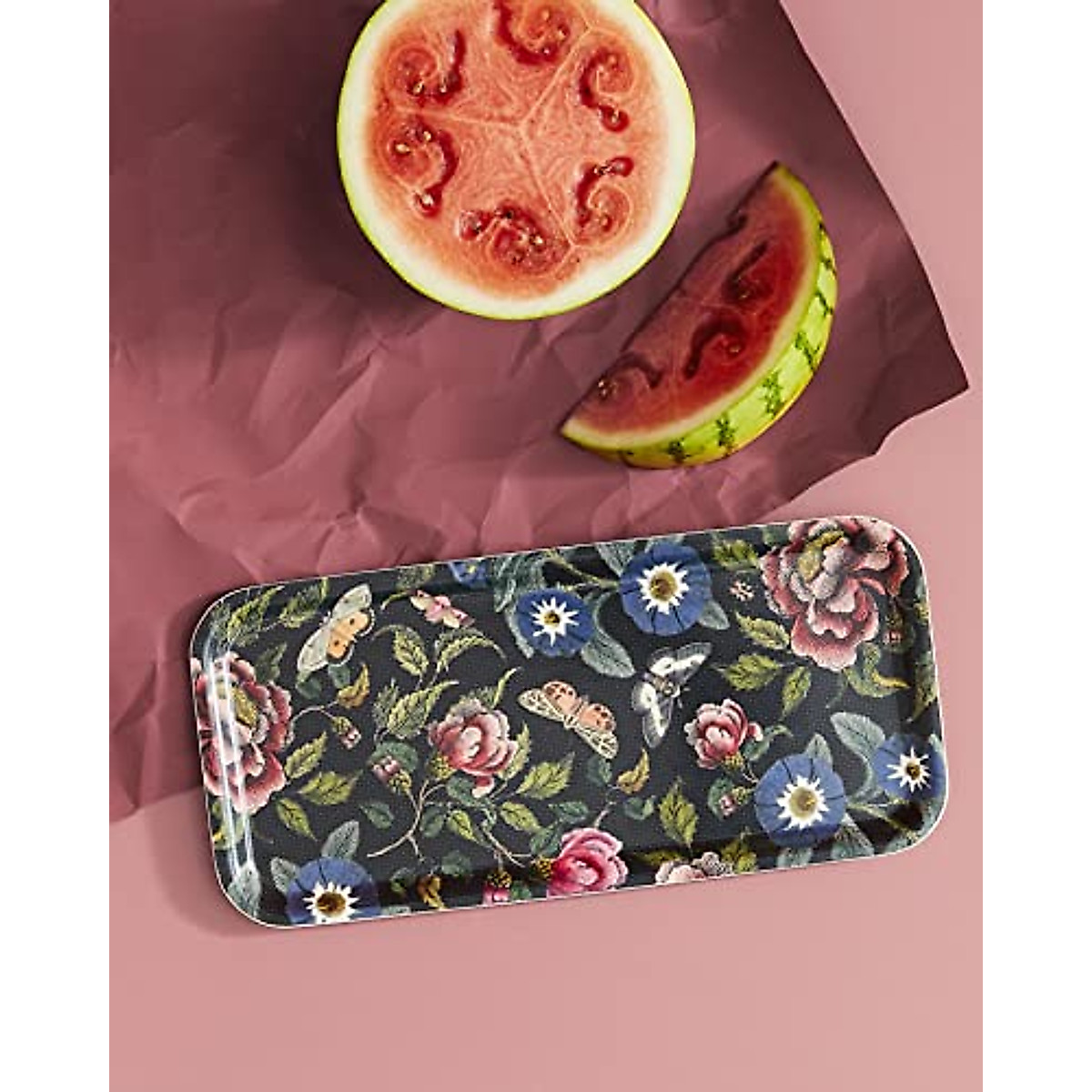 Spode Creatures of Curiosity Collection Rectangular Birch Serving Tray, Dark Floral Motif, 12.5" x 6", Platter Made of Birch Veneer, Food and Dishwasher Safe