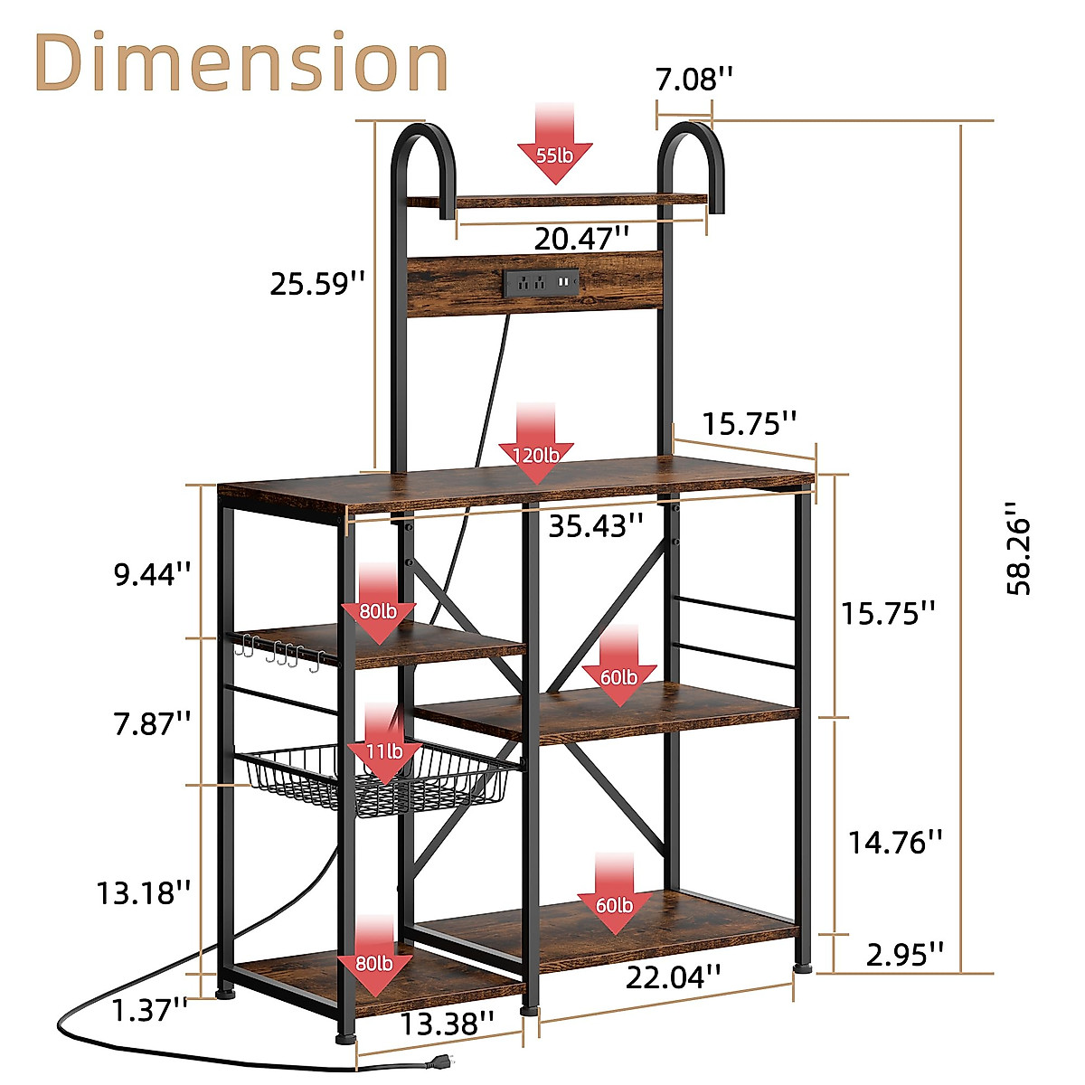 JAMFLY Bakers Rack with Power Outlet, Microwave Stand, kitchen Storage Shelf with 6 Hooks, Coffee Bar Station with Wire Basket, 6 Tier Kitchen Rack for Living Room, Spice, Pots and Pans Organizer